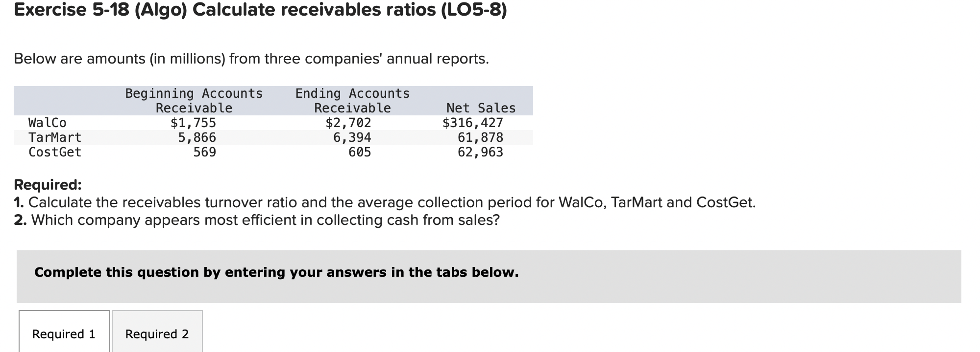 Solved Exercise 5-18 (Algo) Calculate receivables ratios | Chegg.com