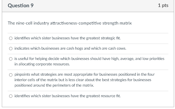 Solved Question 9 1 pts The nine-cell industry | Chegg.com Solved Question 9 1 pts The nine-cell industry | Chegg.com