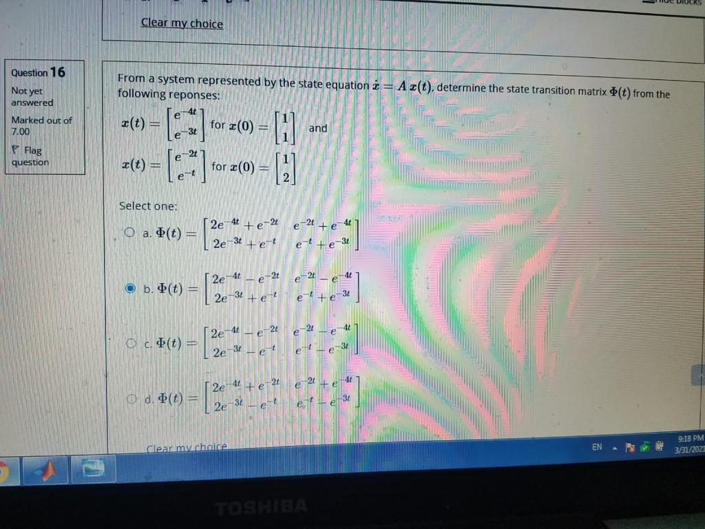 Solved x(t)=[e−4te−3t] for x(0)=[11] and x(t)=[e−2te−t] for | Chegg.com