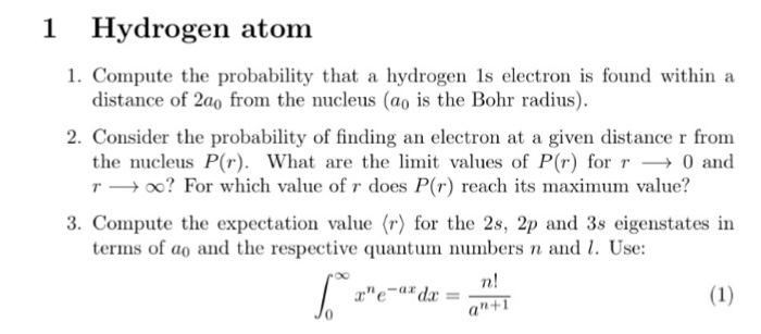 Solved I Hydrogen atom 1. Compute the probability that a | Chegg.com