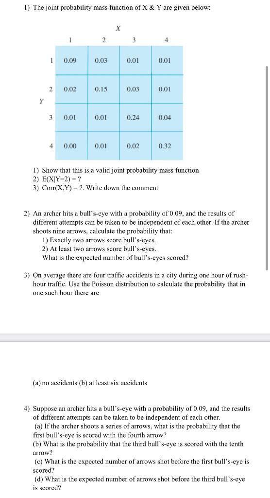 Solved 1) The joint probability mass function of X & Y are | Chegg.com