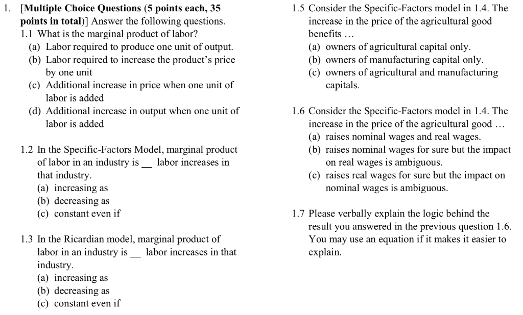 Solved 1. [Multiple Choice Questions (5 points each, 35 | Chegg.com