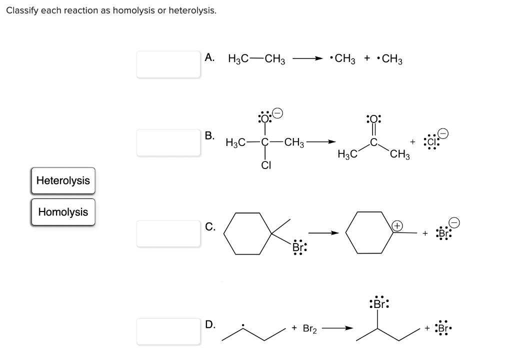 Solved Classify each reaction as homolysis or heterolysis. | Chegg.com