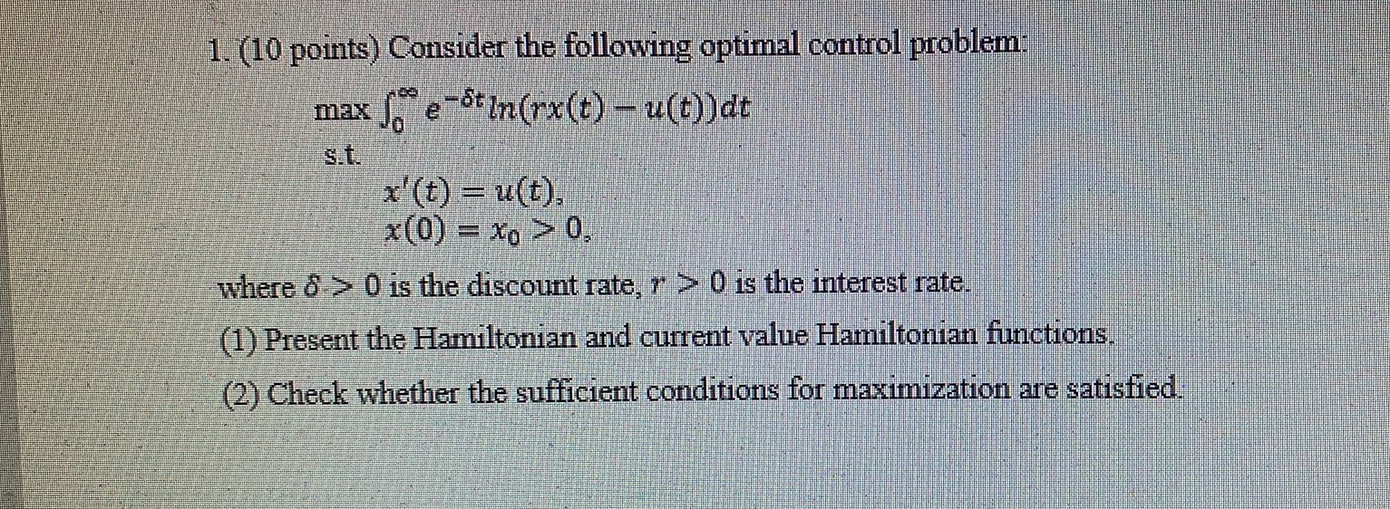 1. (10 points) Consider the following optimal control | Chegg.com