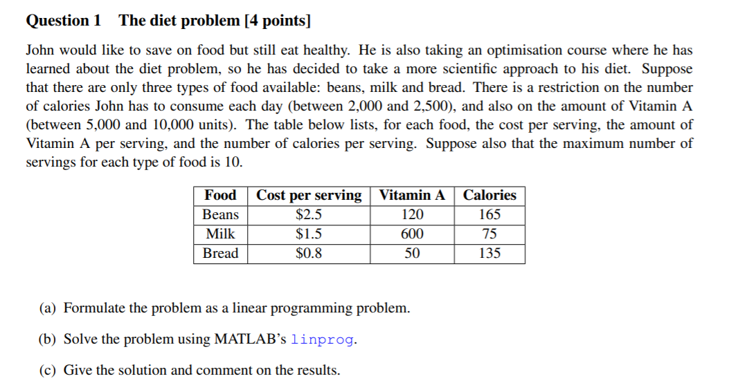 Question 1 The diet problem [4 points] John would | Chegg.com