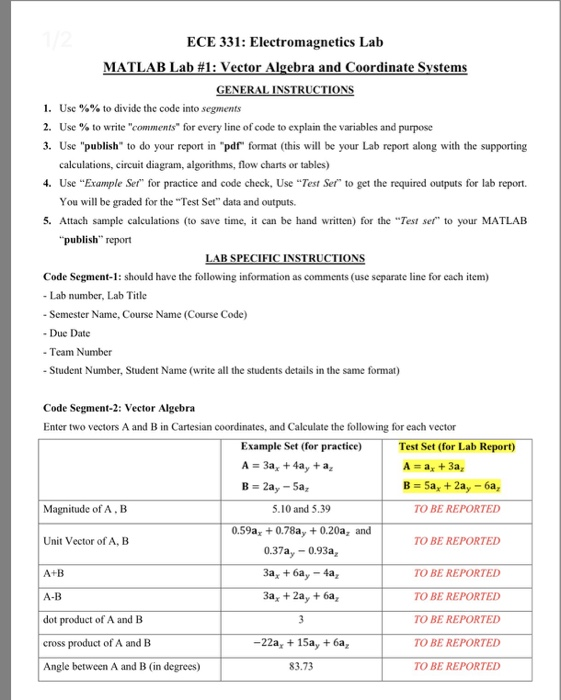 Solved ECE 331: Electromagnetics Lab MATLAB Lab #1: Vector | Chegg.com