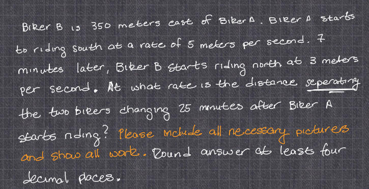 Solved Biker B IS 350 meters east of Biker A Birer t starts. | Chegg.com
