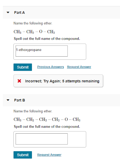 Solved Part A Name the following ether. CH3 - CH2 -0 - CH3 | Chegg.com