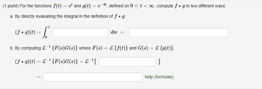 Solved (1 point) For the functions f(t) = et and g(t) = e 4 | Chegg.com