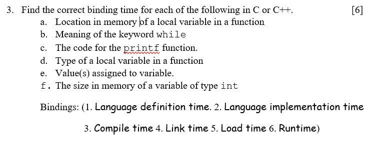 Solved 3. Find the correct binding time for each of the | Chegg.com
