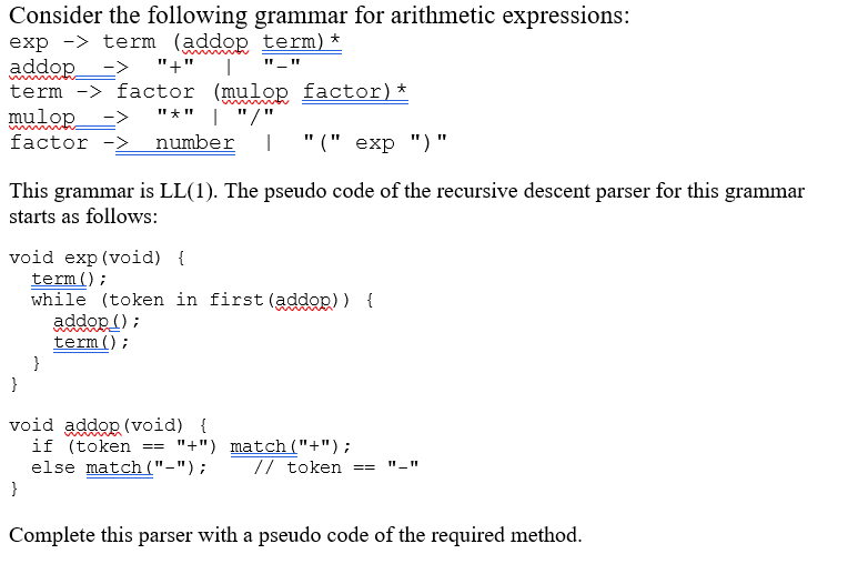 Solved Consider the following grammar for arithmetic | Chegg.com