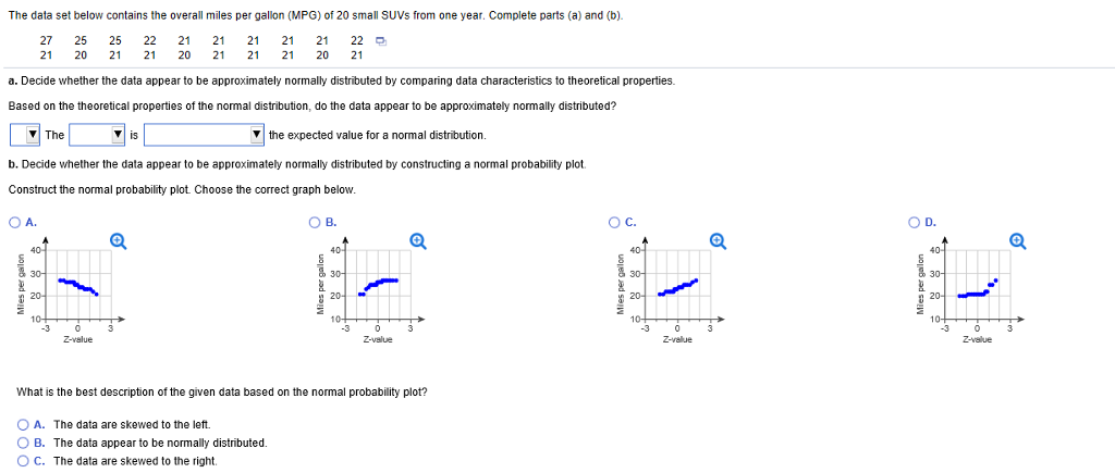 Solved The data set below contains the overall miles per | Chegg.com