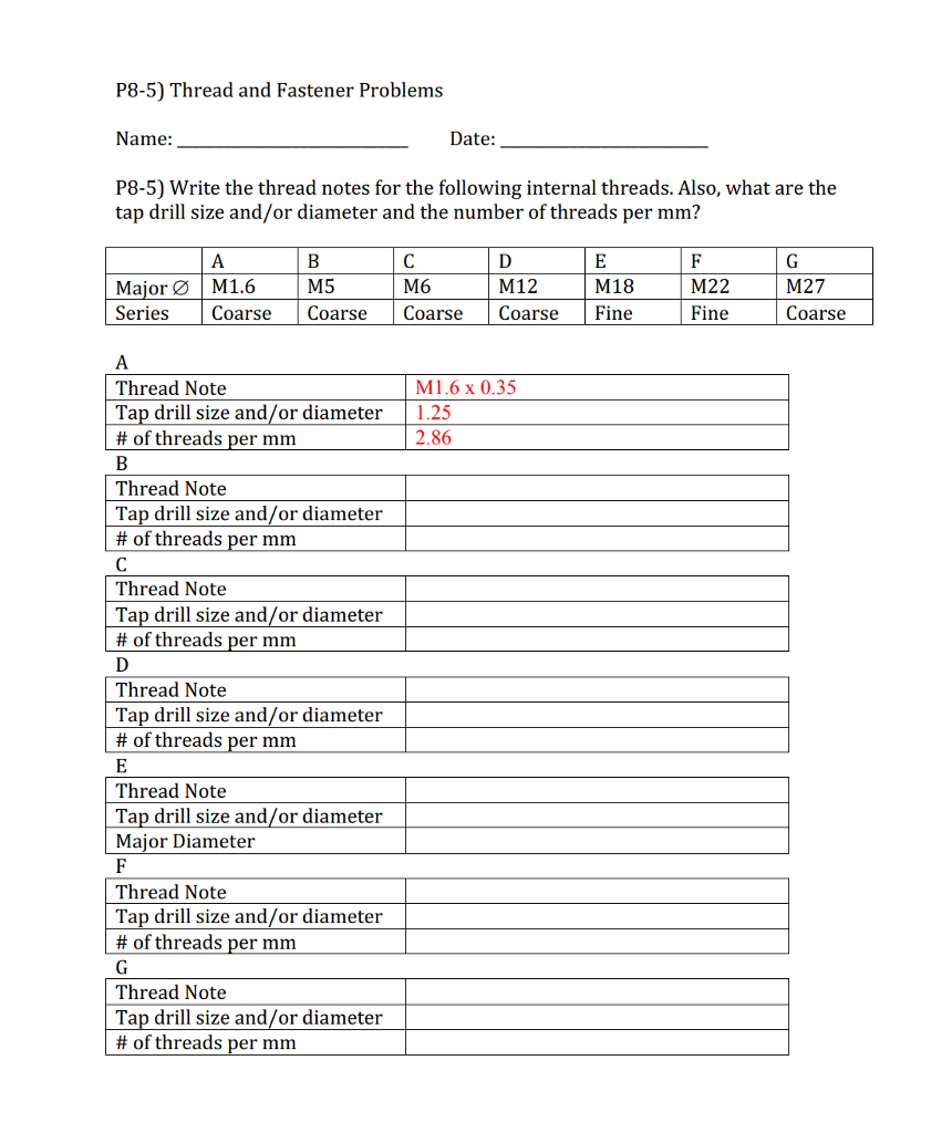 Solved P8-5) Thread and Fastener Problems Name: Date P8-5) | Chegg.com