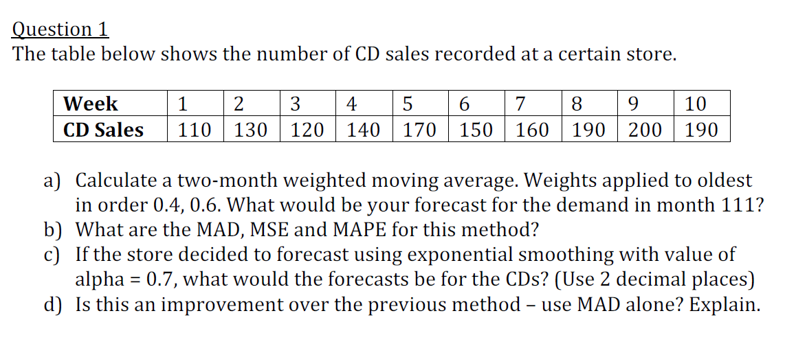 Solved Question 1 The table below shows the number of CD | Chegg.com