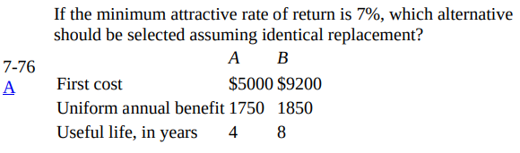 Solved 7-76 A If the minimum attractive rate of return is | Chegg.com