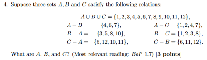 Solved Suppose three sets A,B and C satisfy the following | Chegg.com