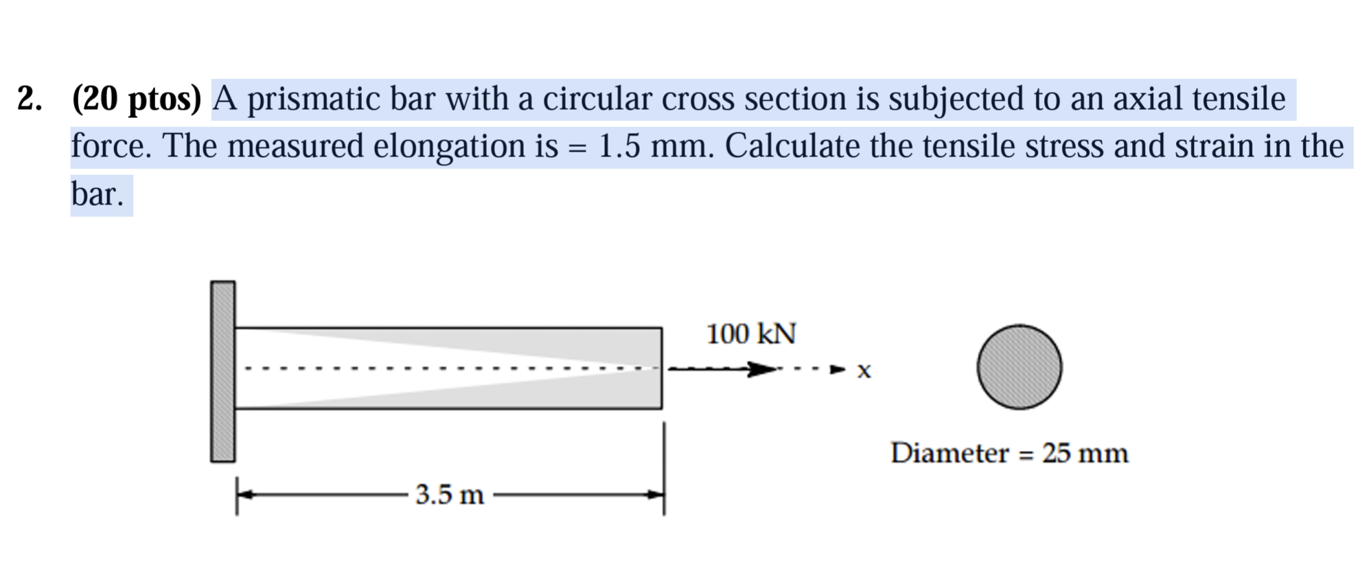 Solved 2. (20 ptos) A prismatic bar with a circular cross | Chegg.com
