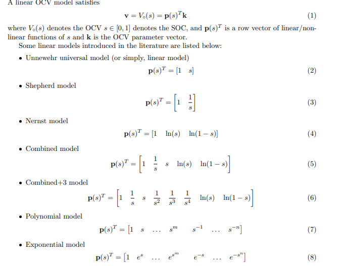 A linear OCV model satisfies v=V0(s)=p(s)Tk where | Chegg.com