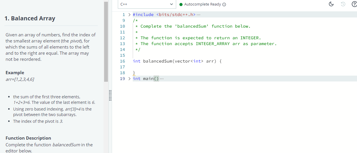Solved C++ Autocomplete Ready O c ? 1. Balanced Array 1 > | Chegg.com