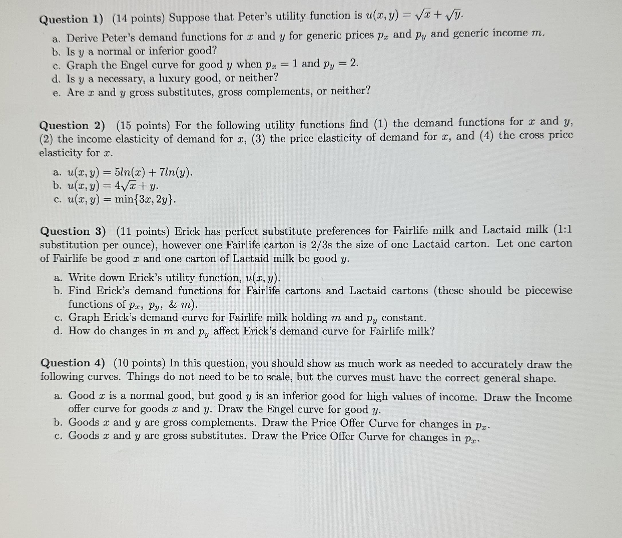 Solved Question 1) (14 points) Suppose that Peter's utility | Chegg.com
