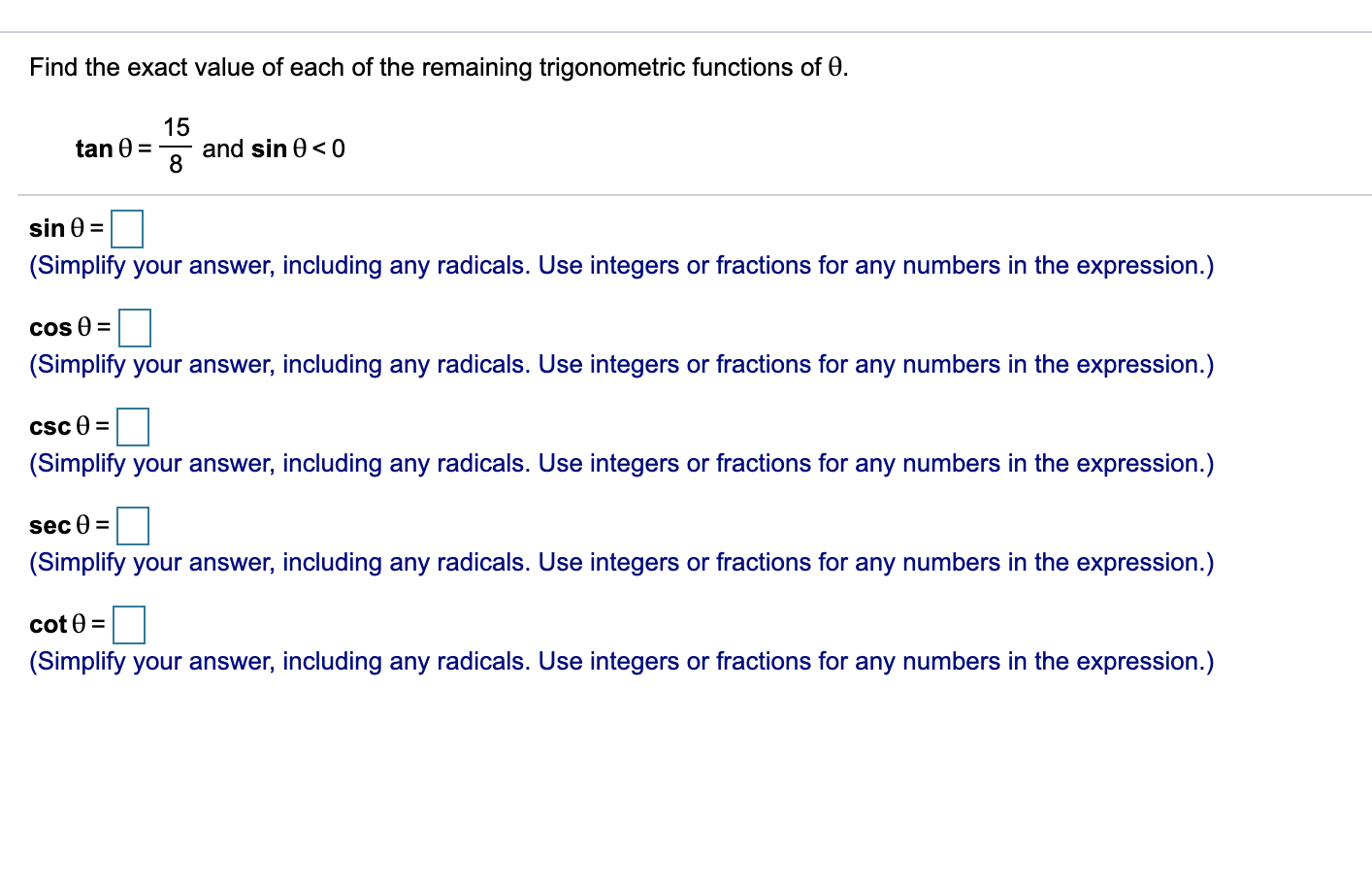 Solved Find the exact value of each of the remaining | Chegg.com