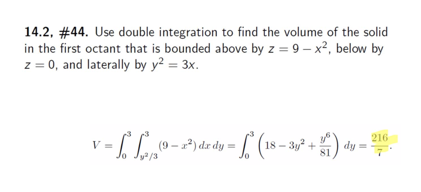 Solved 14.2, #44. Use double integration to find the volume | Chegg.com