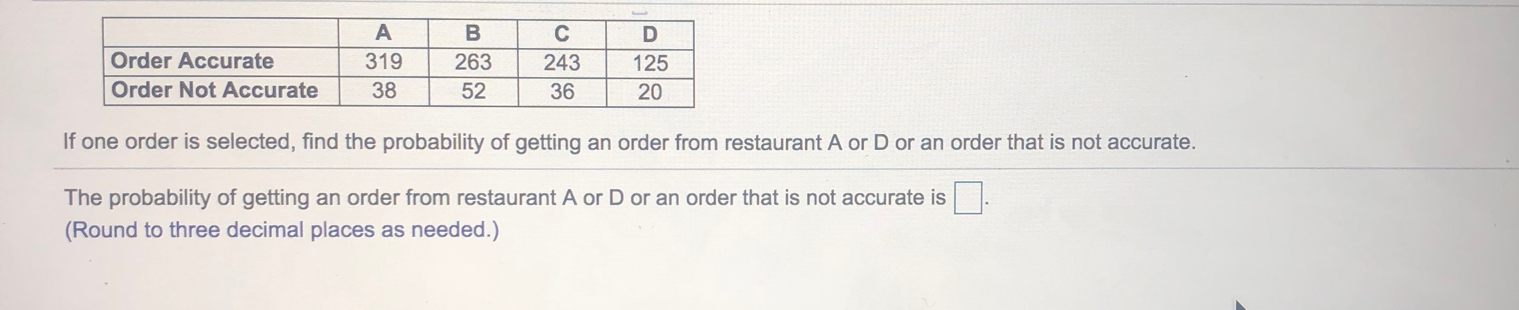 Solved | | Order Accurate Order Not Accurate A 319 38 B 263 | Chegg.com