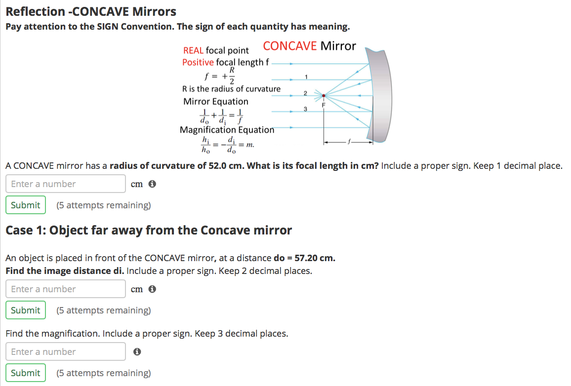 Solved Reflection -CONCAVE Mirrors Pay attention to the SIGN | Chegg.com