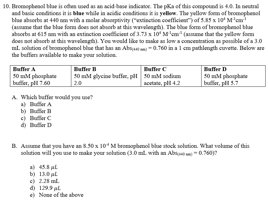 Solved 10. Bromophenol blue is often used as an acid-base | Chegg.com
