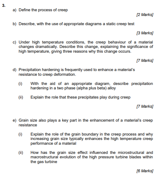Solved 3. a) Define the process of creep [2 marks] b) | Chegg.com