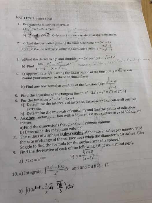 Solved MAT 1475 Practice Final 1. Evaluate the following | Chegg.com