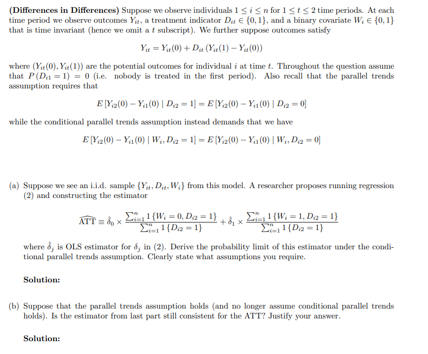 (Differences in Differences) Suppose we observe | Chegg.com
