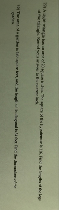Solved 29) A right triangle has an area of 20 square inches. | Chegg.com