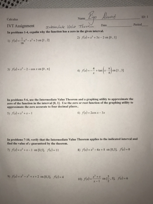 Solved aree ID: 1 Name Calculus IVT Assignment In problems | Chegg.com