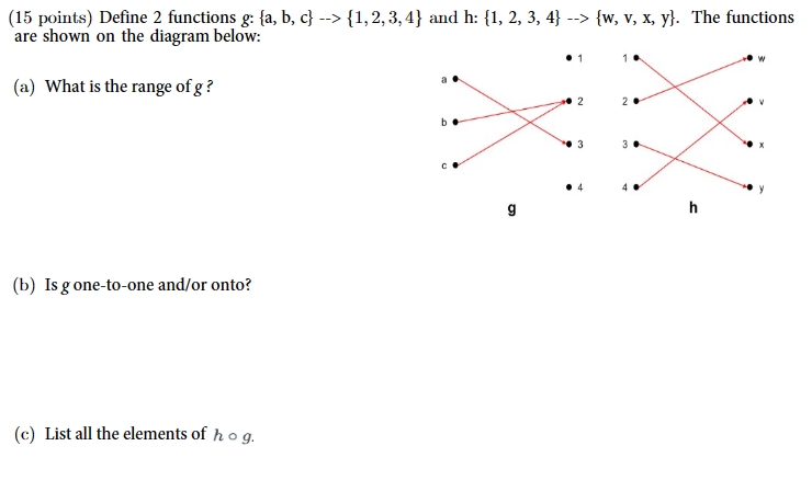 Solved (15 points) Define 2 functions g:{a,b,c}→−>{1,2,3,4} | Chegg.com