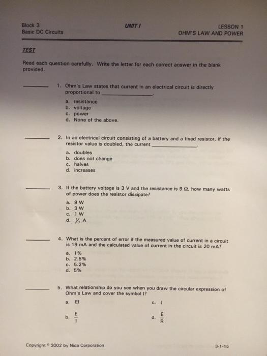 Solved Block 3 Basic DC Circuits UNIT I LESSON 1 OHM'S LAW | Chegg.com