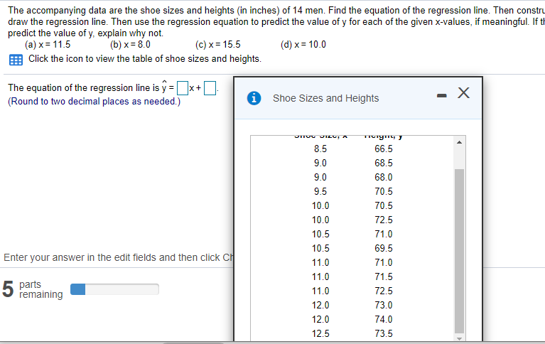 Solved The accompanying data are the shoe sizes and heights | Chegg.com