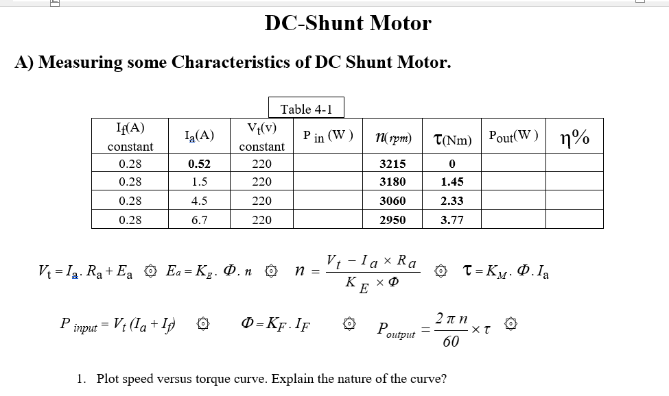 Solved DC-Shunt Motor A) Measuring some Characteristics of | Chegg.com