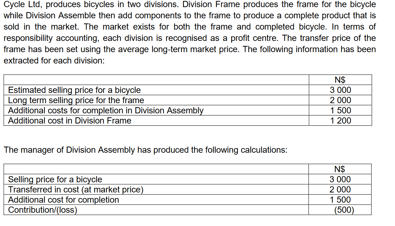 Solved Cycle Ltd, produces bicycles in two divisions. | Chegg.com