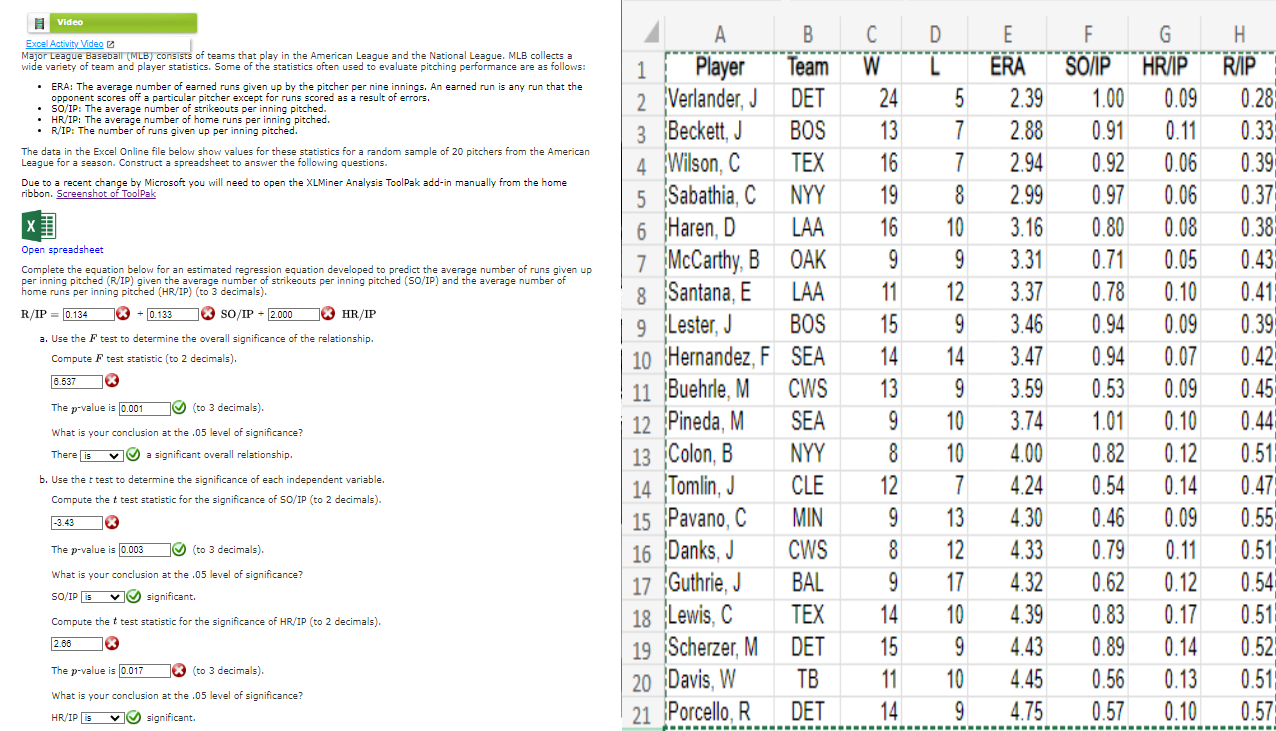 Solved Excel Activity Video Major League Baseball (MLB) | Chegg.com