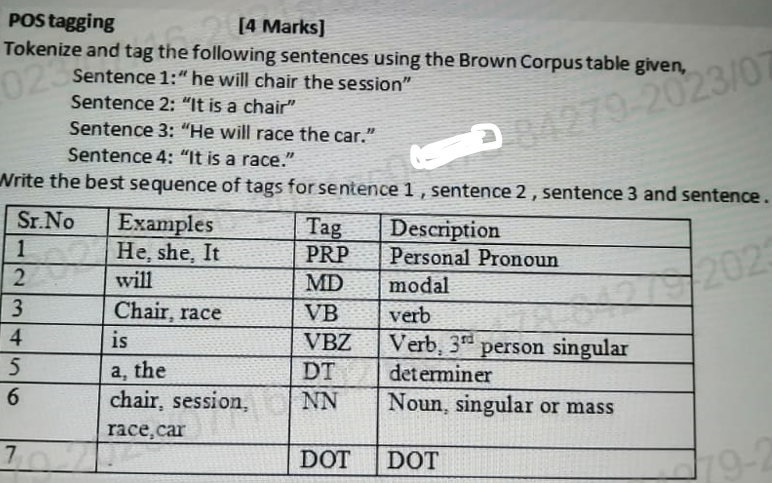 Postagging [4 Marks] Tokenize and tag the following | Chegg.com