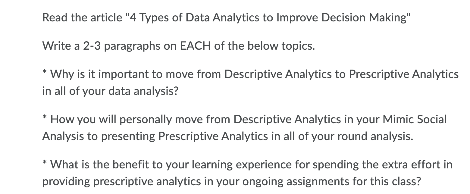 Solved Read the article "4 Types of Data Analytics to | Chegg.com