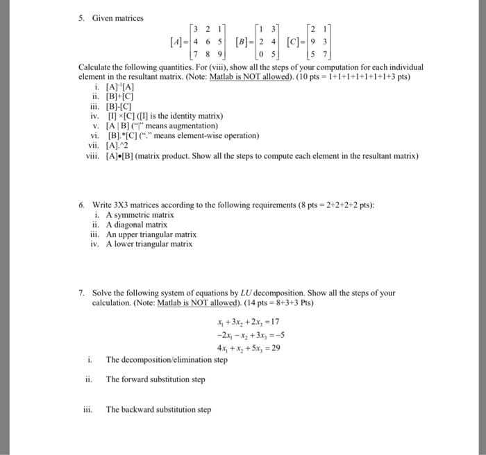 Solved 5. Given matrices Calculate the following quantities. | Chegg.com