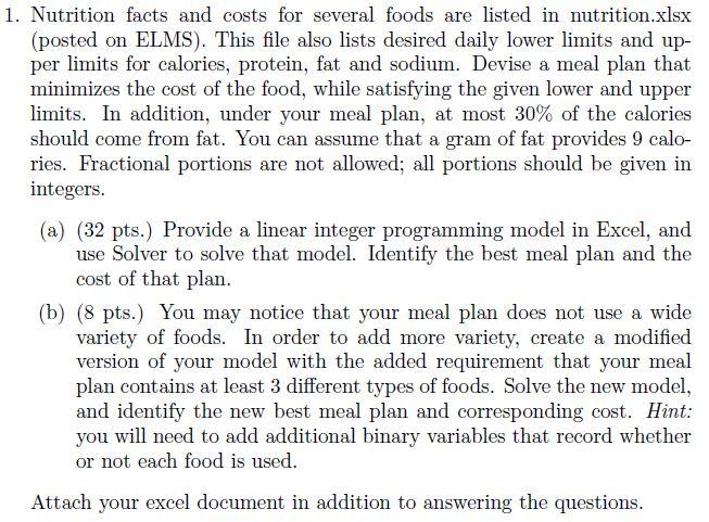 Nutrition facts and costs for several foods are | Chegg.com