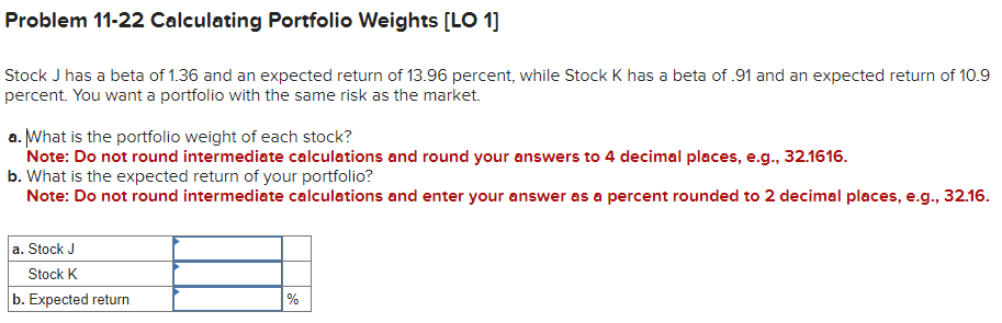 Solved Stock J has a beta of 1.36 and an expected return of | Chegg.com