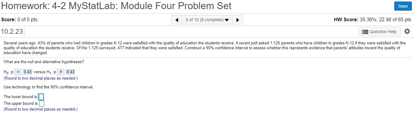 Solved Homework: 4-2 MyStatLab: Module Four Problem Set Save | Chegg.com