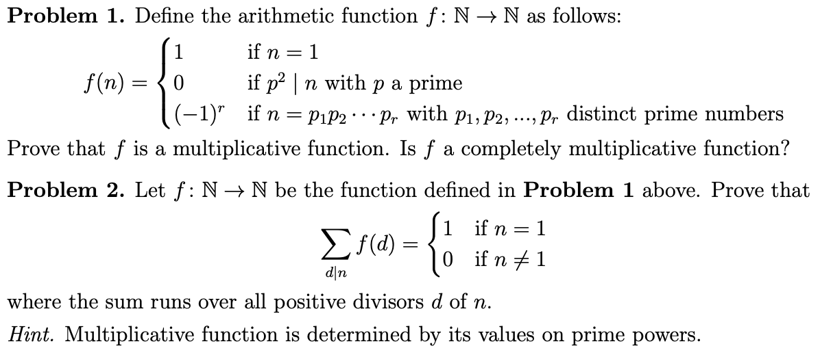Problem 1. Define the arithmetic function f:N→N as | Chegg.com