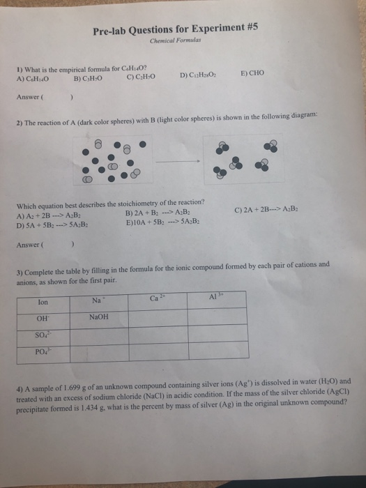 Solved Pre-lab Questions for Experiment #5 Chemical Formulas | Chegg.com
