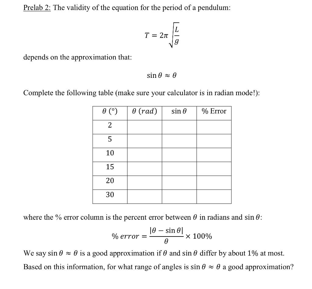 Solved Prelab 2: The validity of the equation for the period | Chegg.com