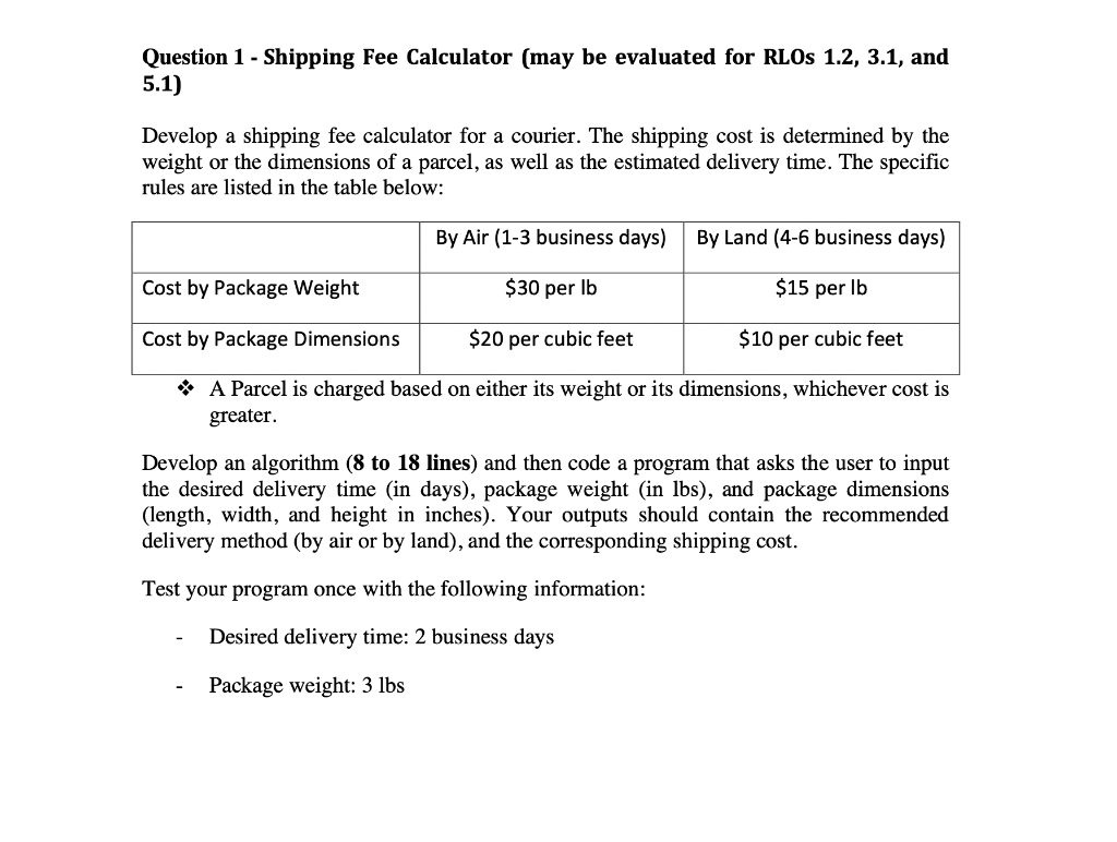 Solved Question 1 - Shipping Fee Calculator (may be | Chegg.com